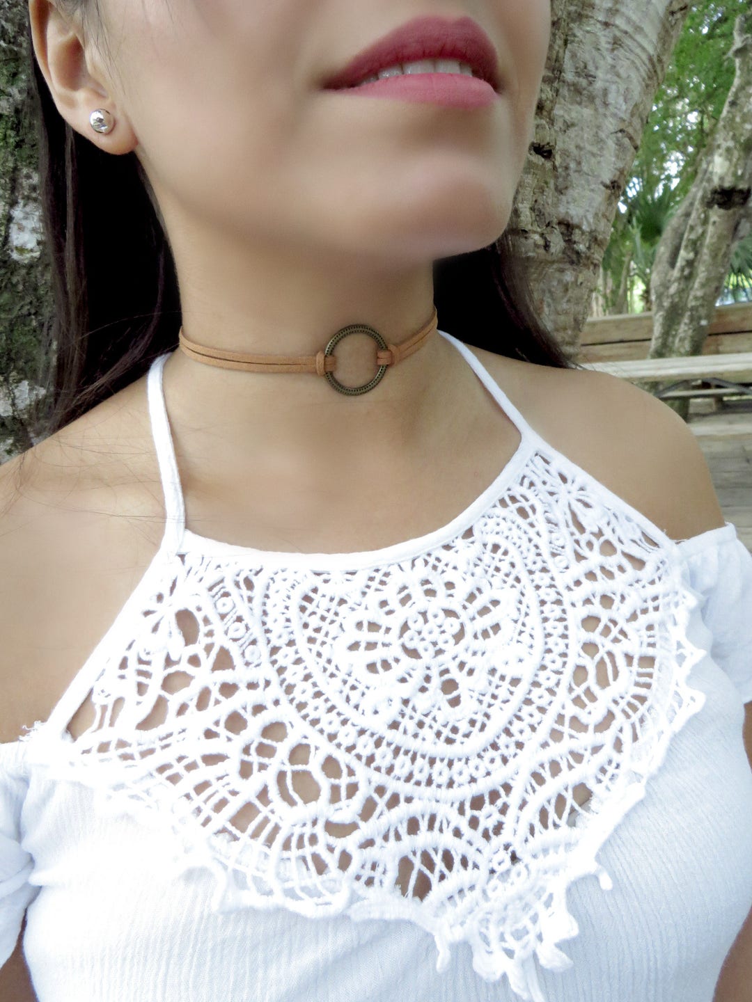 Brown Suede Choker, Circle Ring Choker, Thin Choker, O Ring Delicate ...