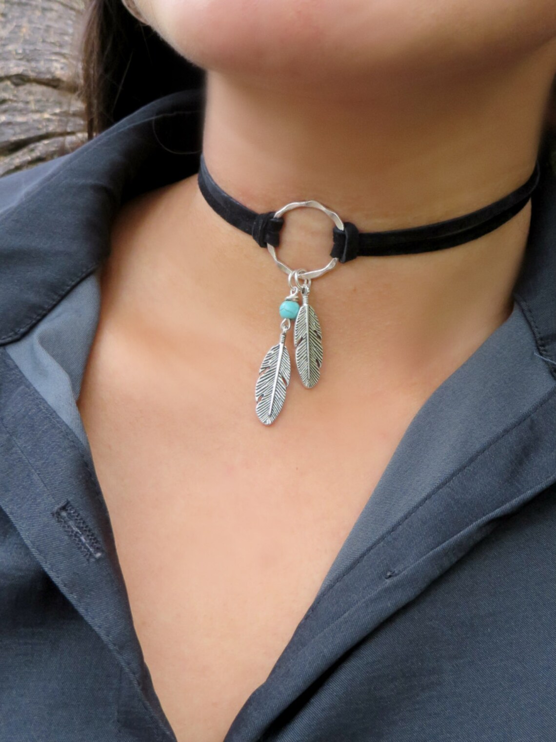 Choker Necklace Suede Choker Necklace Bohemian Feather - Etsy