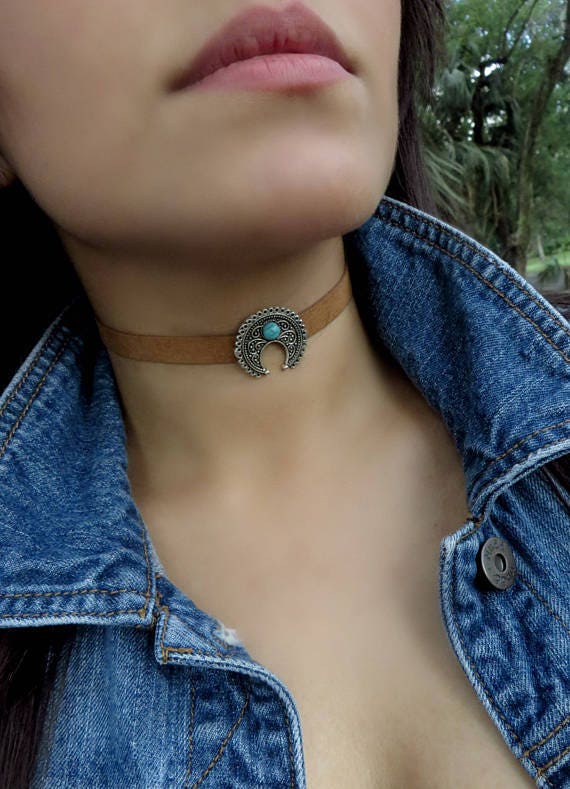 Brown Boho Choker, Choker Necklace, Suede Choker, Half Moon Choker ...