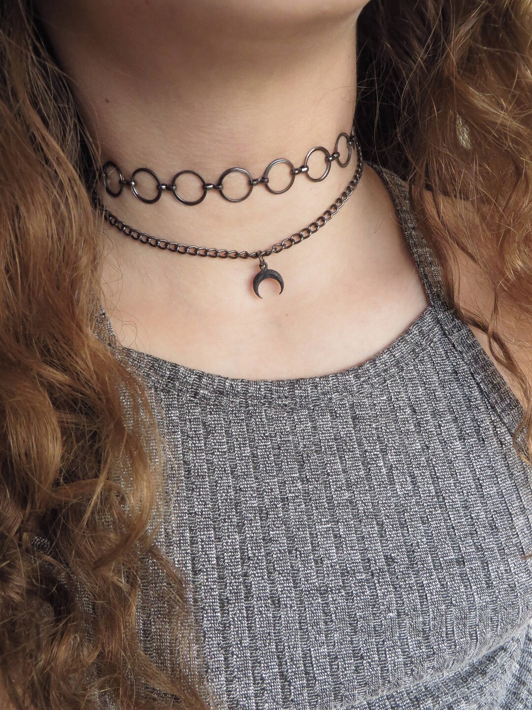 Crescent Moon Choker Necklace, Double Wrap Choker, Black Tattoo Choker ...