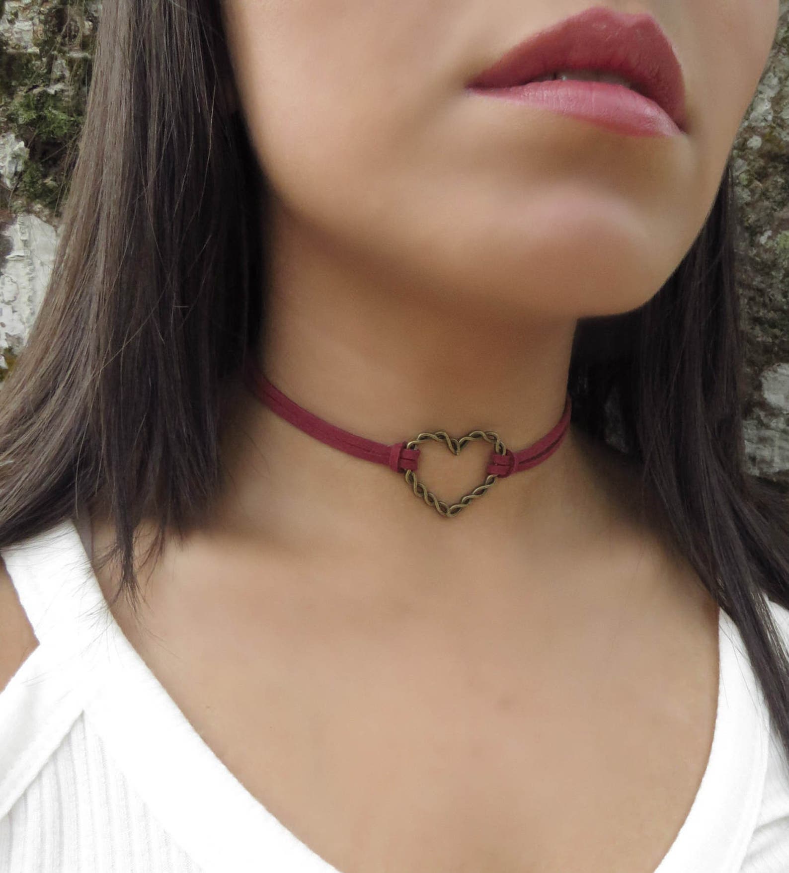 Heart Choker, Brown Choker, Dainty Boho Choker, Heart Necklace, Suede ...