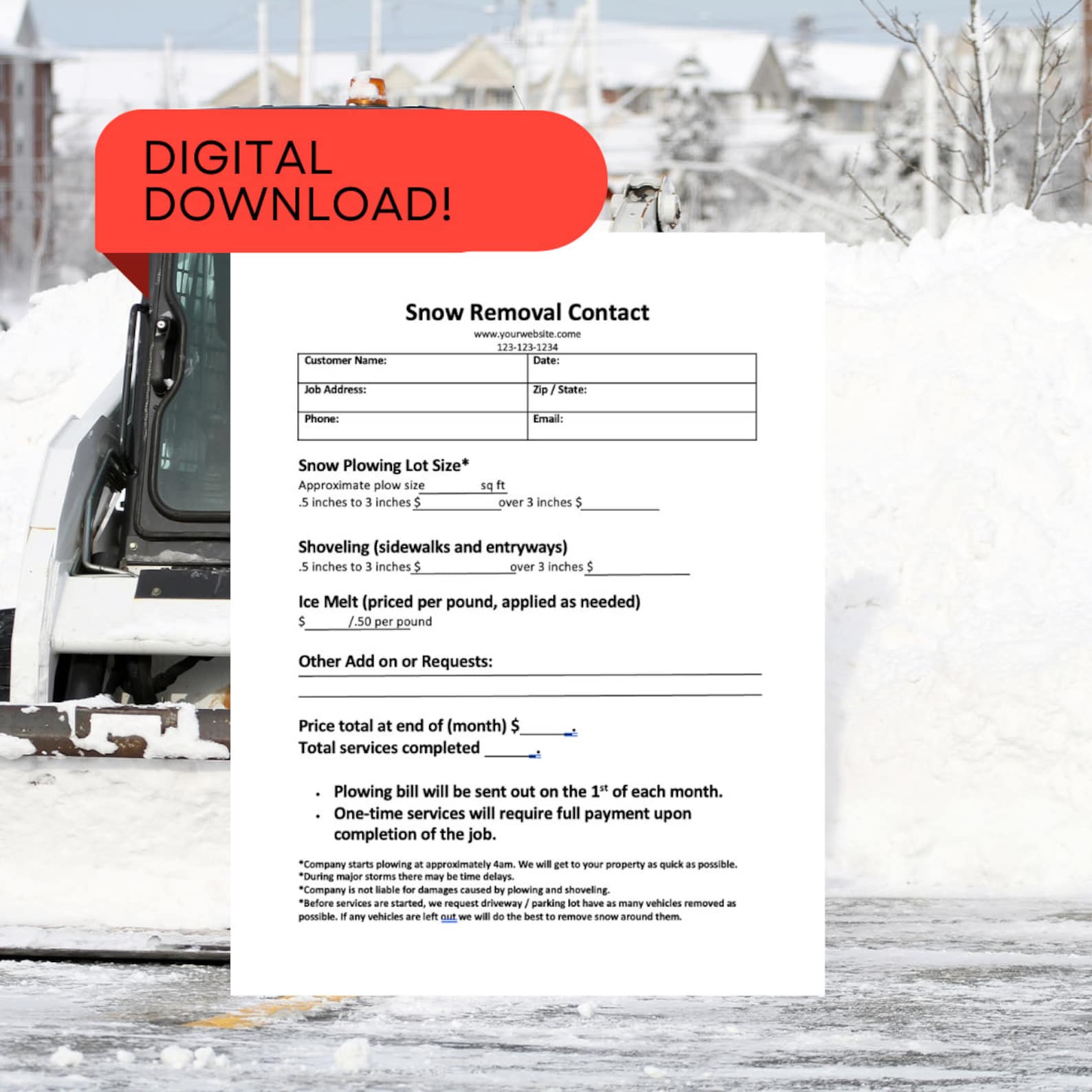 Commercial Snow Plowing Bid Agreement | Snow Service Proposal Sheet ...