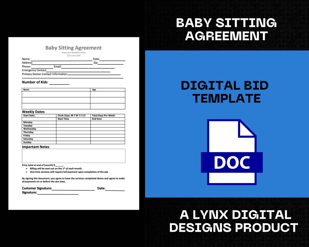 Baby Sitting Agreement | Simple Babysitting Scheduling Form | Editable ...