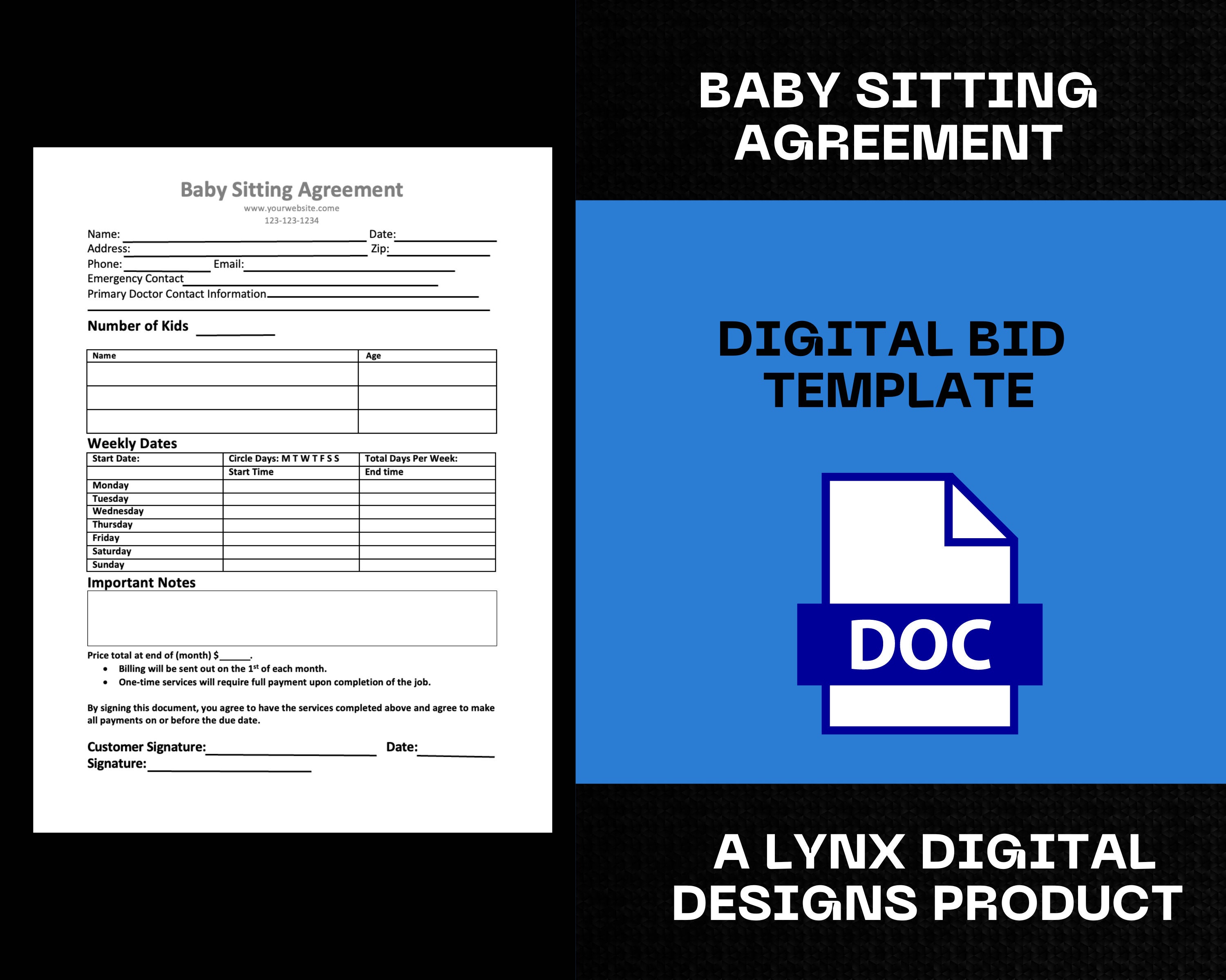 Baby Sitting Agreement | Simple Babysitting Scheduling Form | Editable ...
