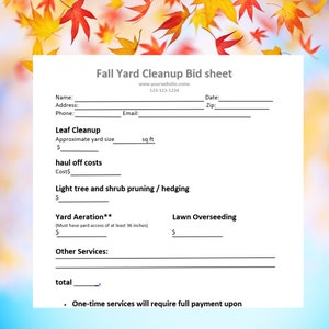 Fall/ Autumn Leaf Clean up Pricing Sheet | Fall Yard Cleanup Bid Sheet ...