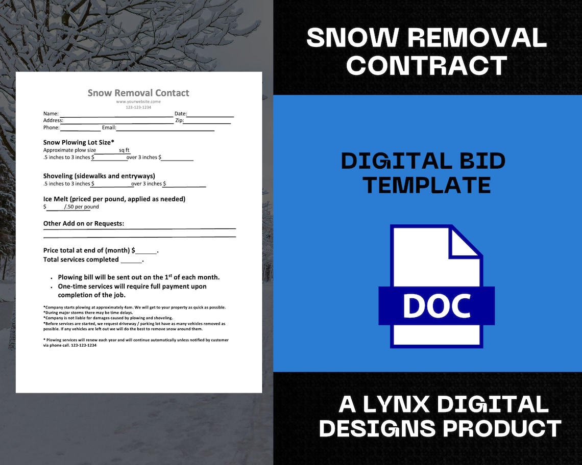 Residential Snow Plowing Bid Agreement Snow Service Proposal Sheet ...