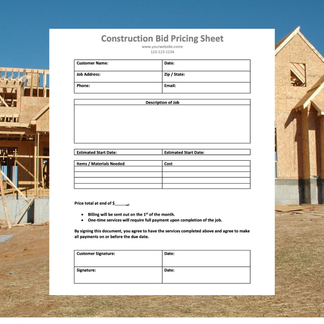 Construction Bid Pricing Sheet | Construction Agreement Sheet ...