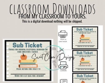 Substitute Teacher Reward Ticket Printable, Substitute Teacher Resource ...