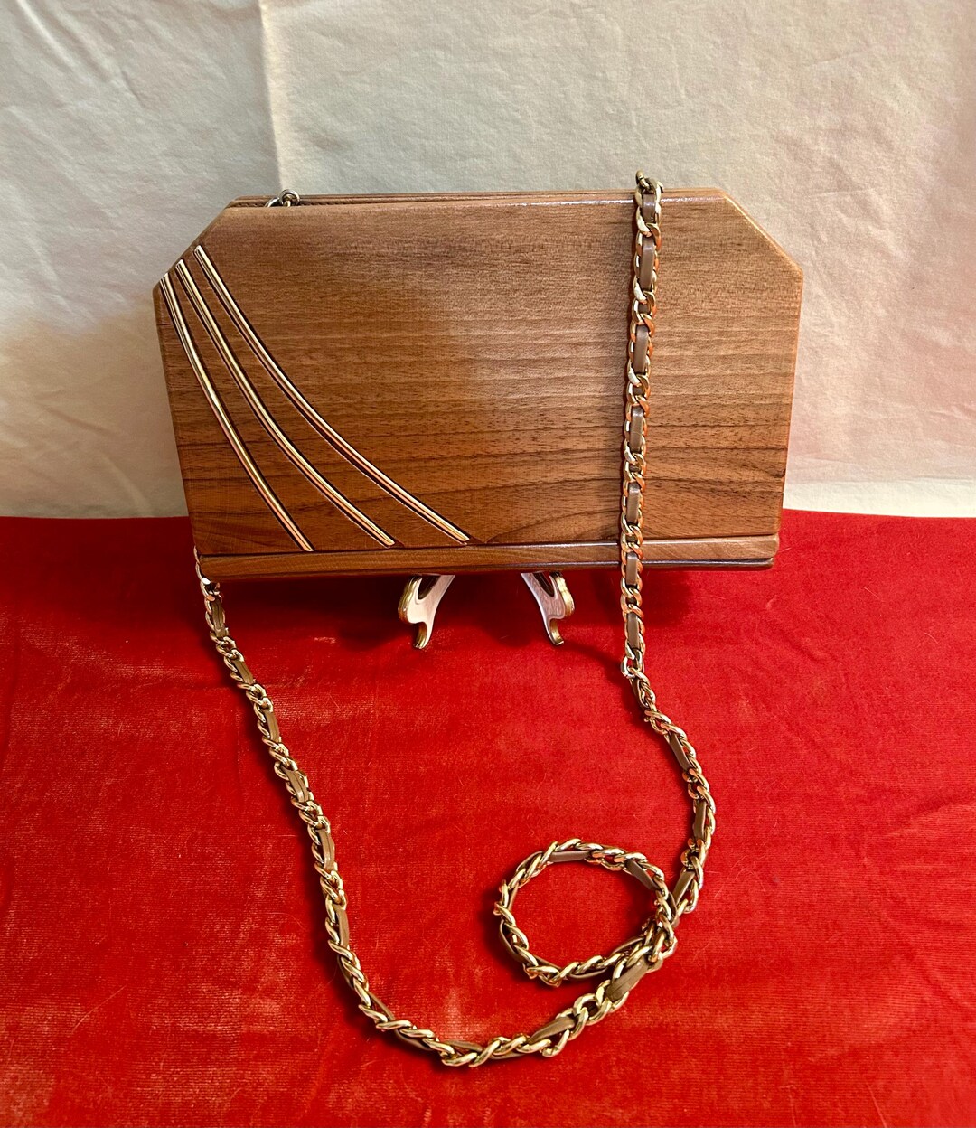 Vintage Judith Teller Wooden Purse With Gold Chain Strap Made in Italy ...