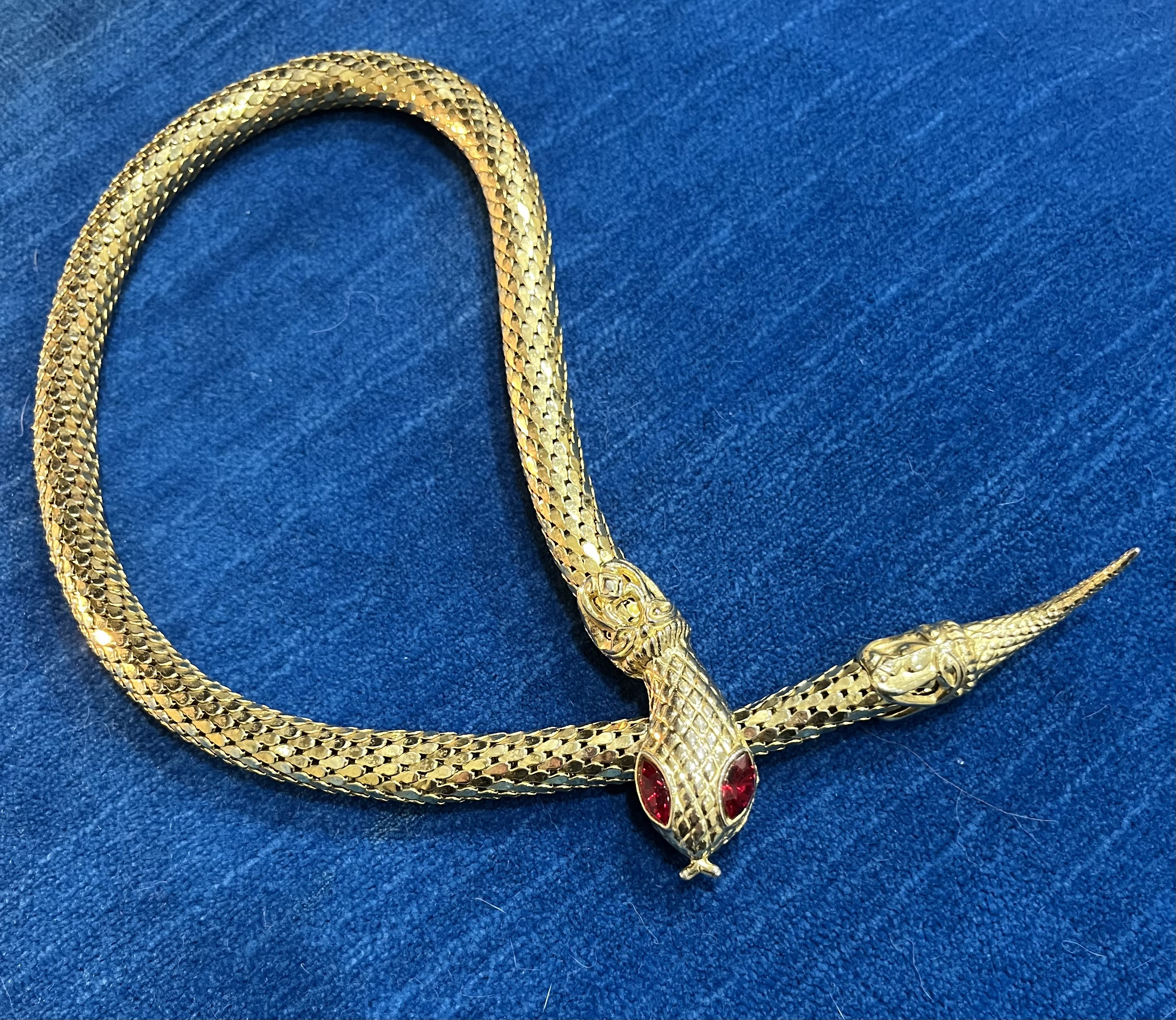 Vintage DL Auld Gold Metal Mesh Snake Necklace With Red Rhinestone Eyes ...