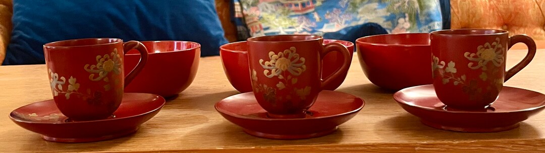 Set of (3) Vintage Japanese Hand Painted Red Lacquer Tea Cups, Saucers ...