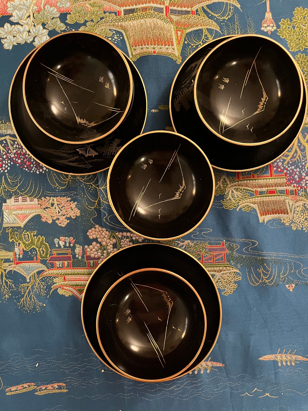 Vintage Japanese Black Gold Lacquer Plate and Bowl Set - Etsy
