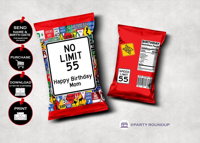 Printable Custom 55th Speed Limit Birthday Chip Bag Labels ...