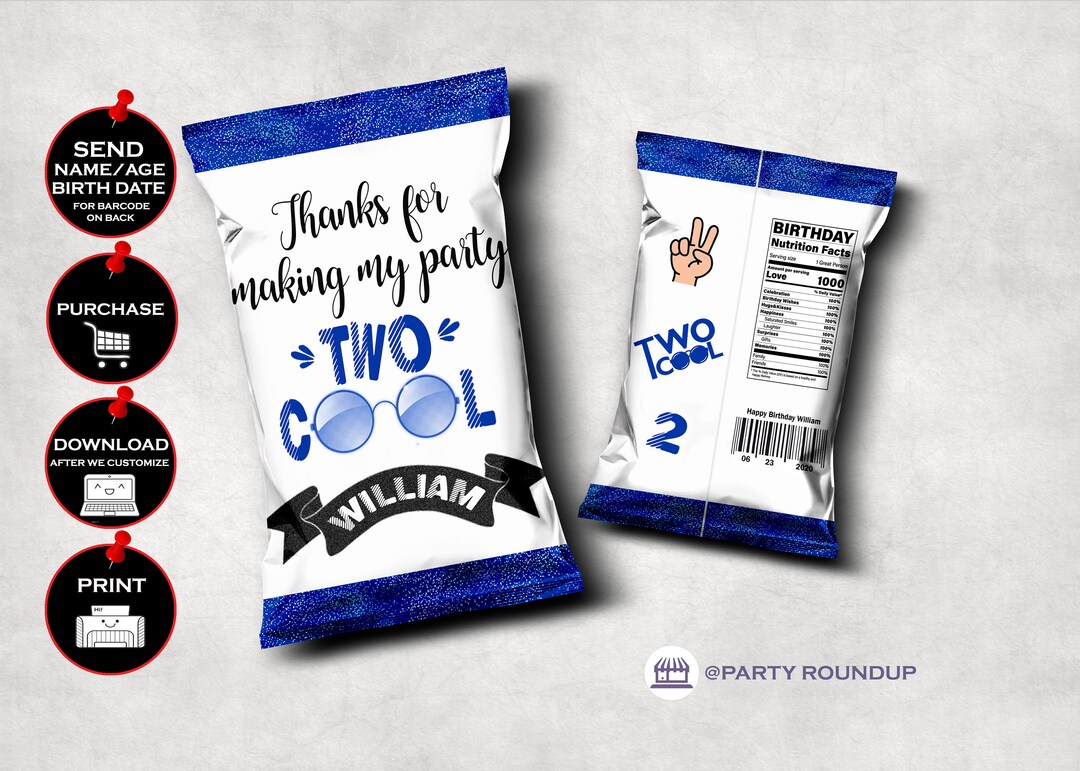 Personalized Two Cool Birthday Party Chip Bag Wrapper, 2nd Birthday ...