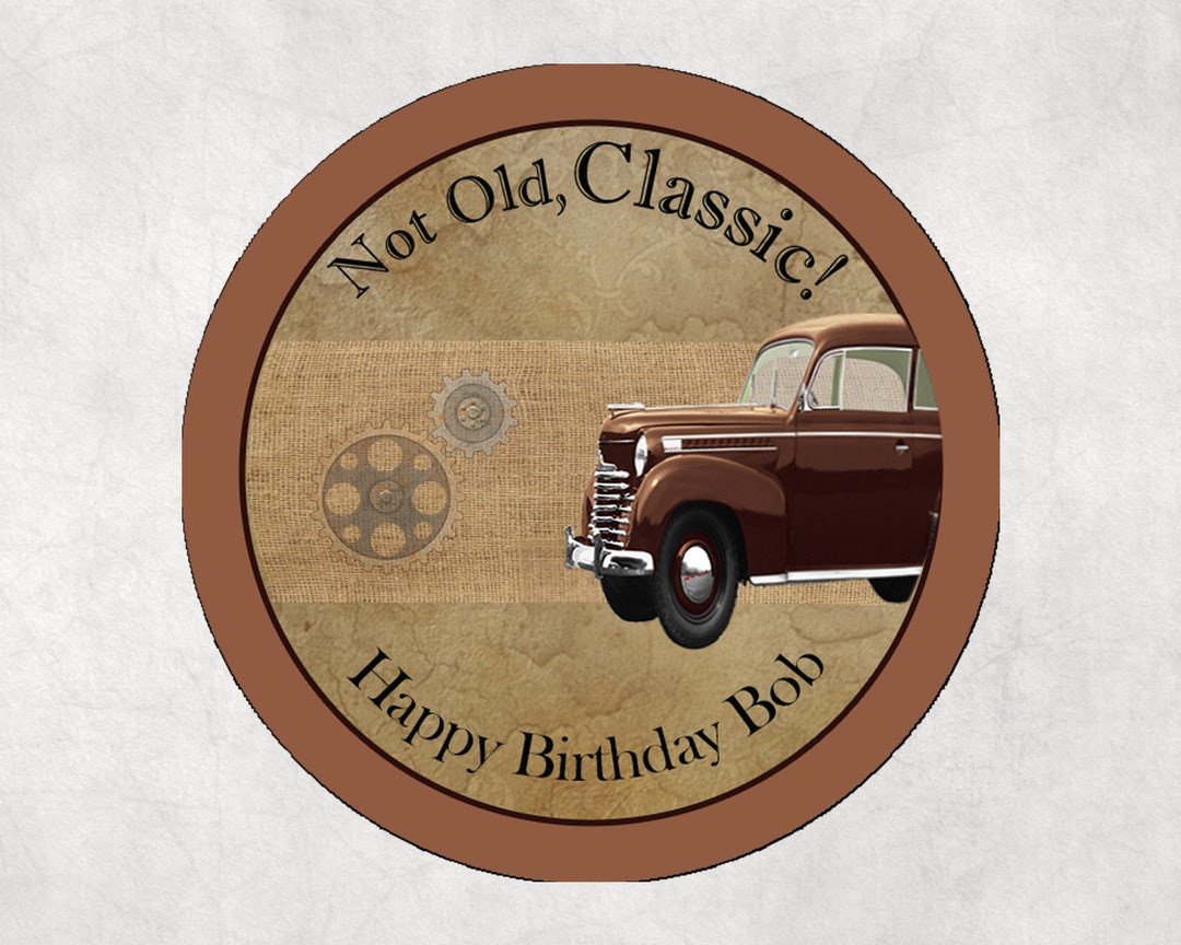 Vintage Car Birthday Sticker, Male Birthday Label, Classic Car Birthday ...