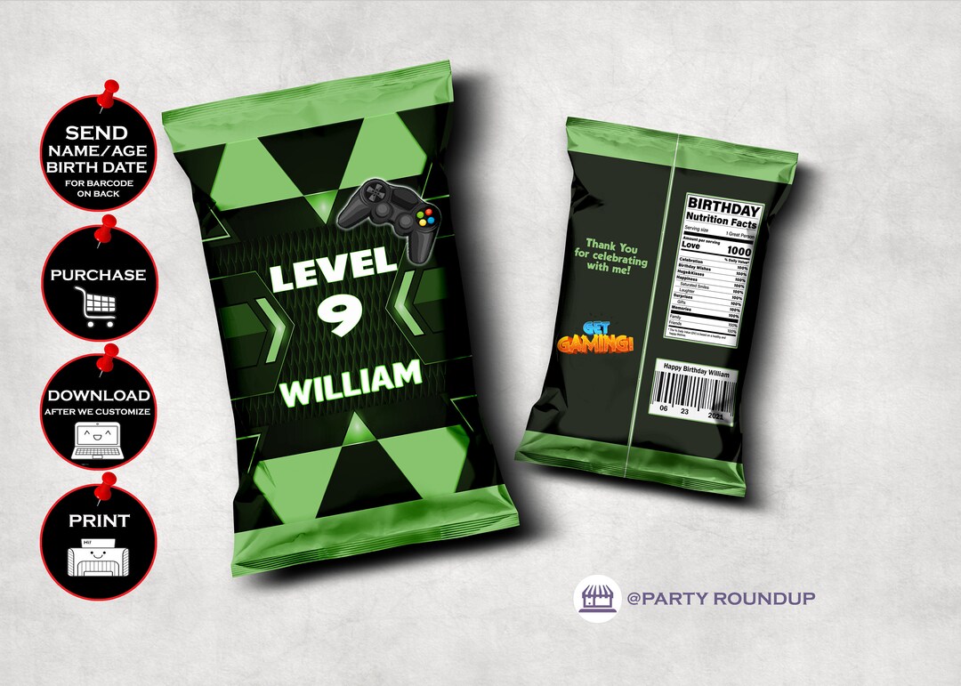 Gamer Birthday Party Chip Bag Wrapper, Video Game Printable Chip Bag ...