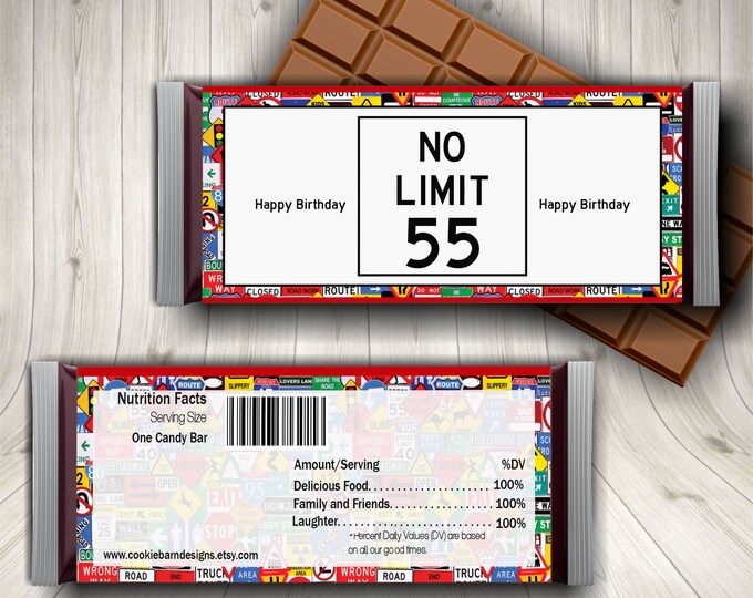 Printable 55th Birthday No Limit Candy Bar Wrappers, Party Favors ...