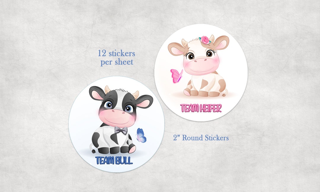 Cute Cow Gender Reveal Stickers, Team Bull Team Heifer, Baby Shower ...