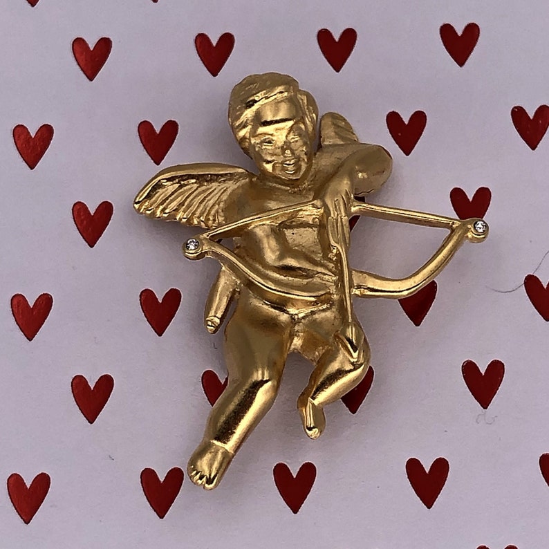 Vintage Gold Tone Valentine Cupid With Bow and Arrow With Clear ...