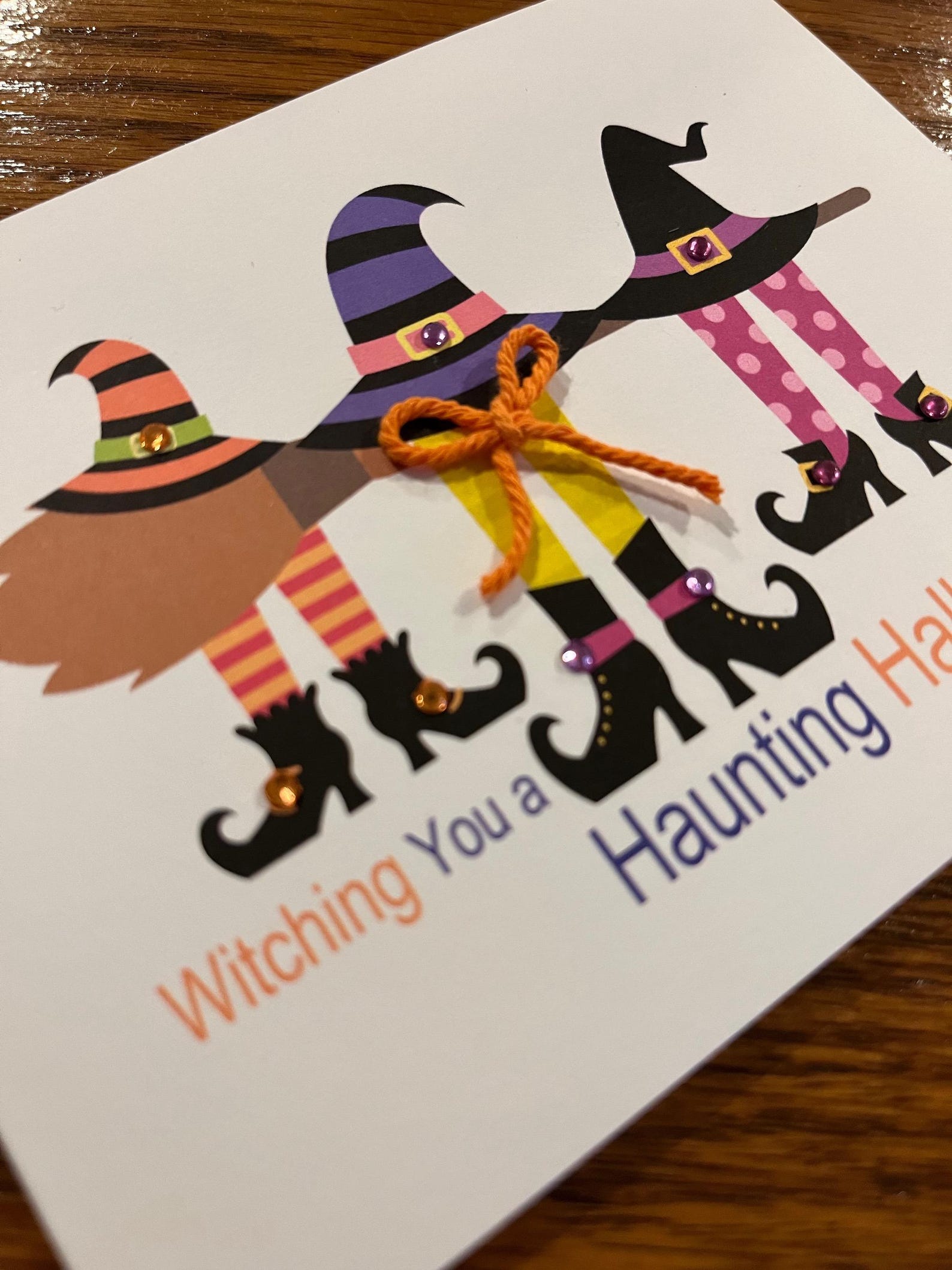 Handmade Witches' Hats on a Broom Halloween Card; Blank Funny Halloween ...