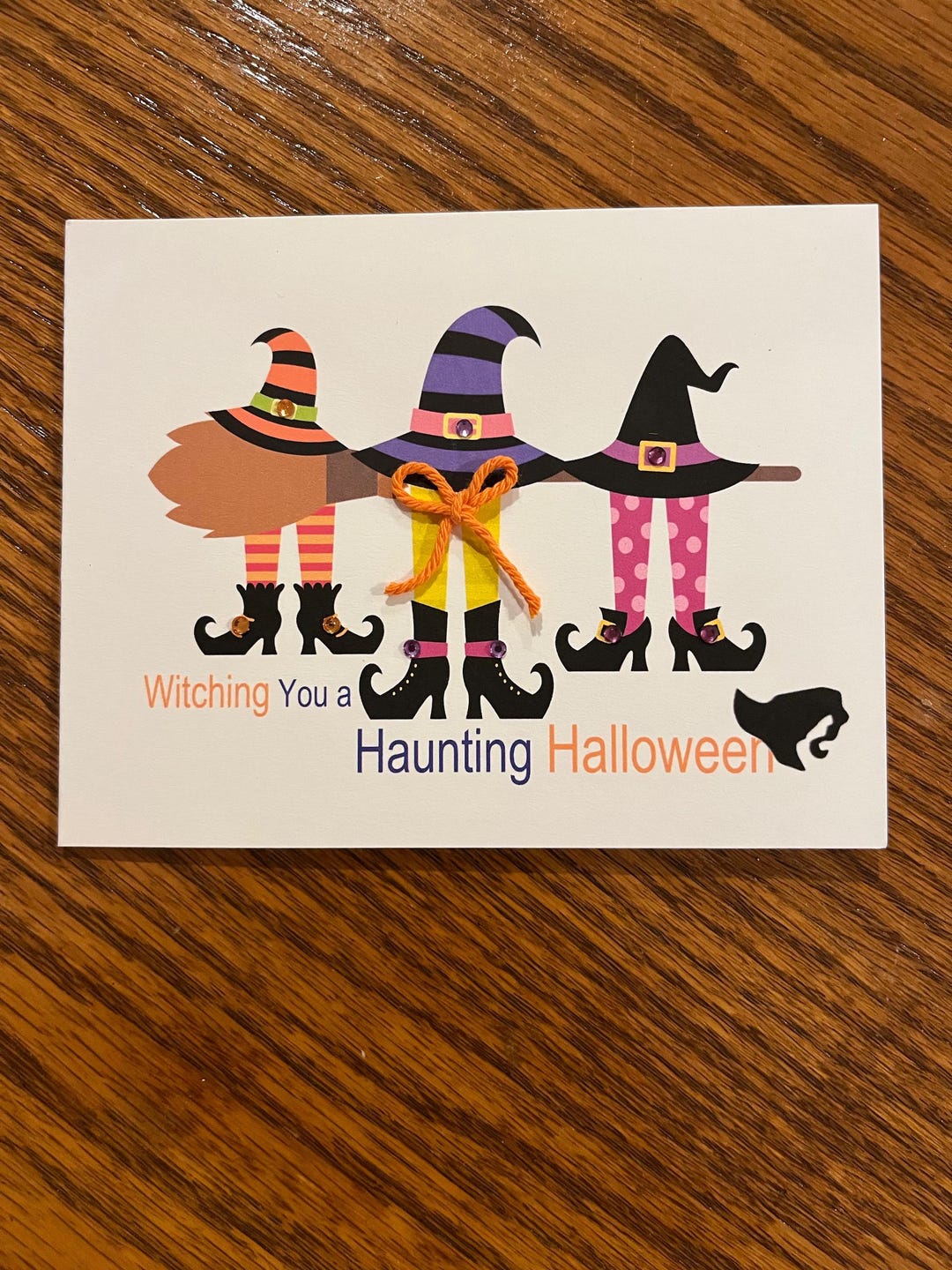 Handmade Witches' Hats on a Broom Halloween Card; Blank Funny Halloween ...