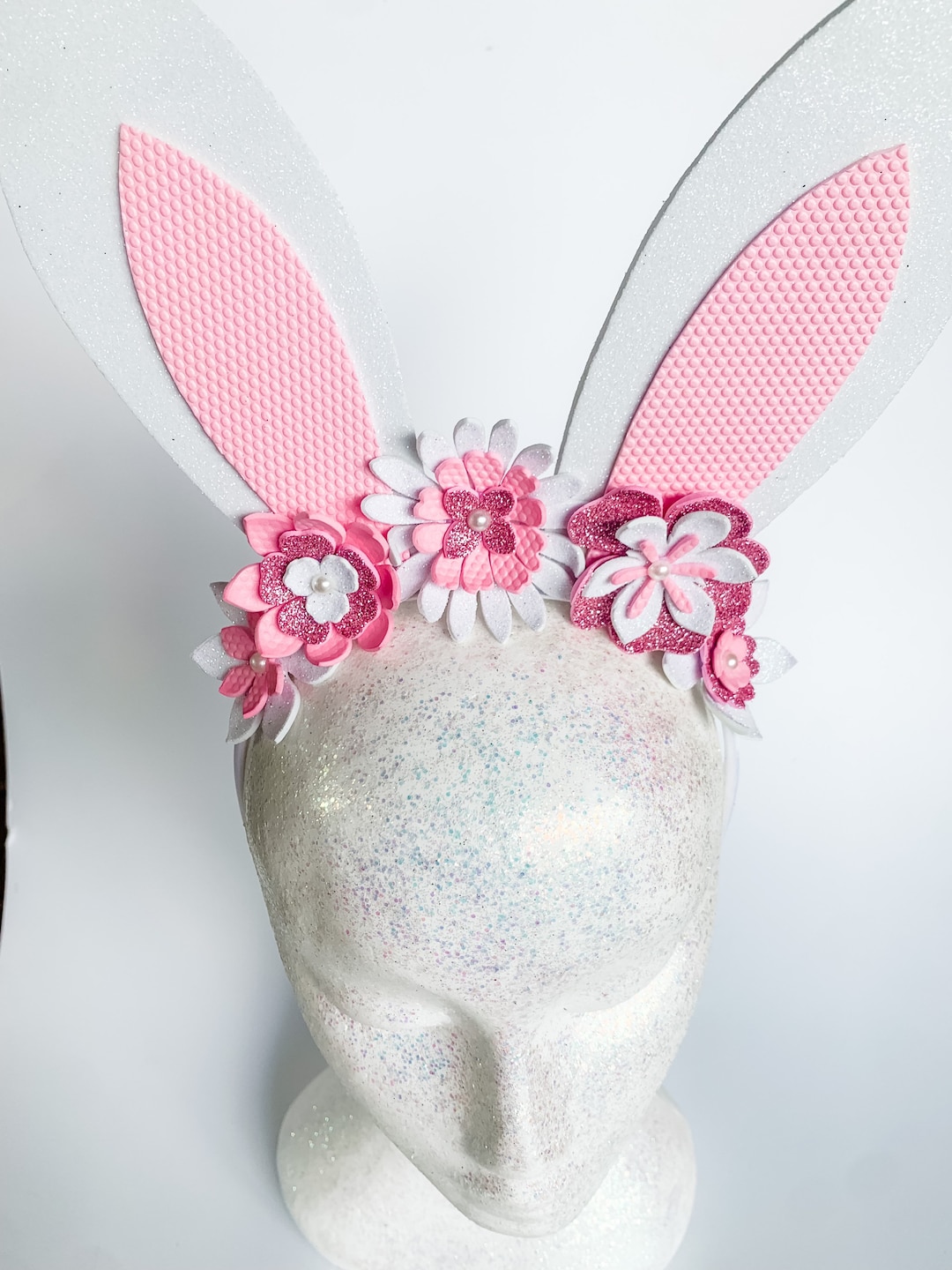EASTER Bunny Ears Flower Crown Pink & White Sparkle - Etsy