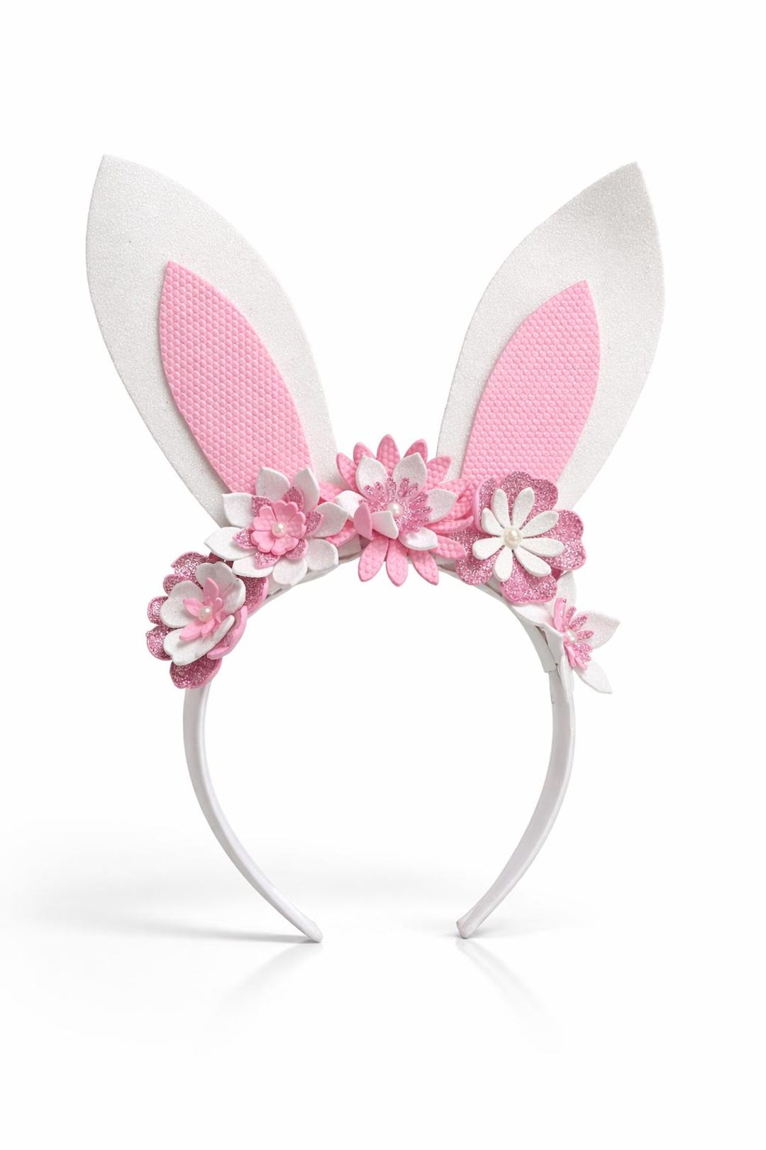 Easter Bunny Ears Flower Crown Headband | Pink White Sparkle Floral ...