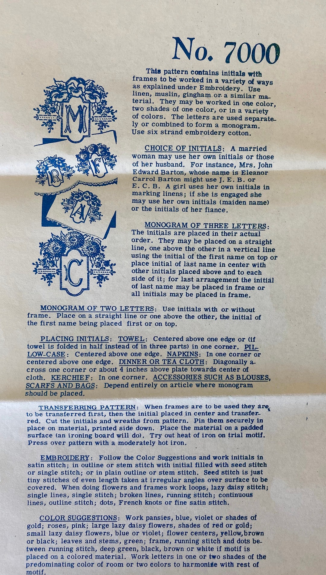Vintage Mail Order Transfer Pattern No. 7000, Embroidery Monogram and ...