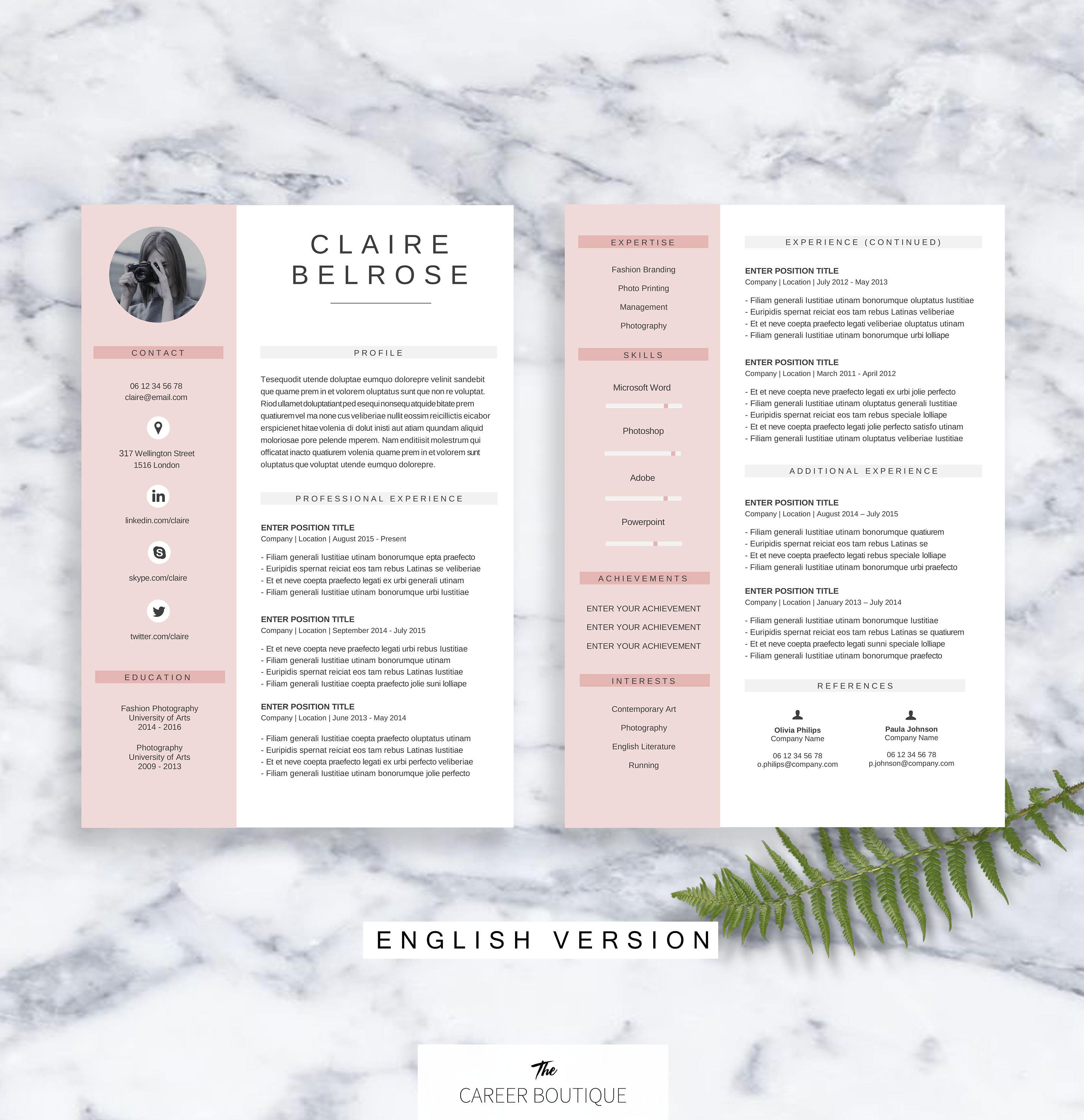 CV Template Claire Resume Format Cover Letter in English and French ...
