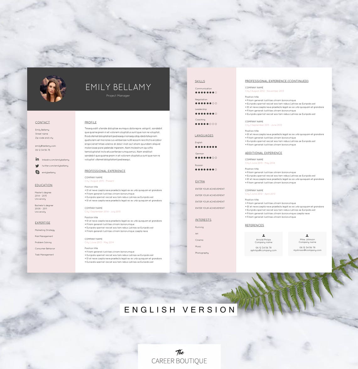 CV Template Emily | Resume Format | Cover Letter | in English and ...