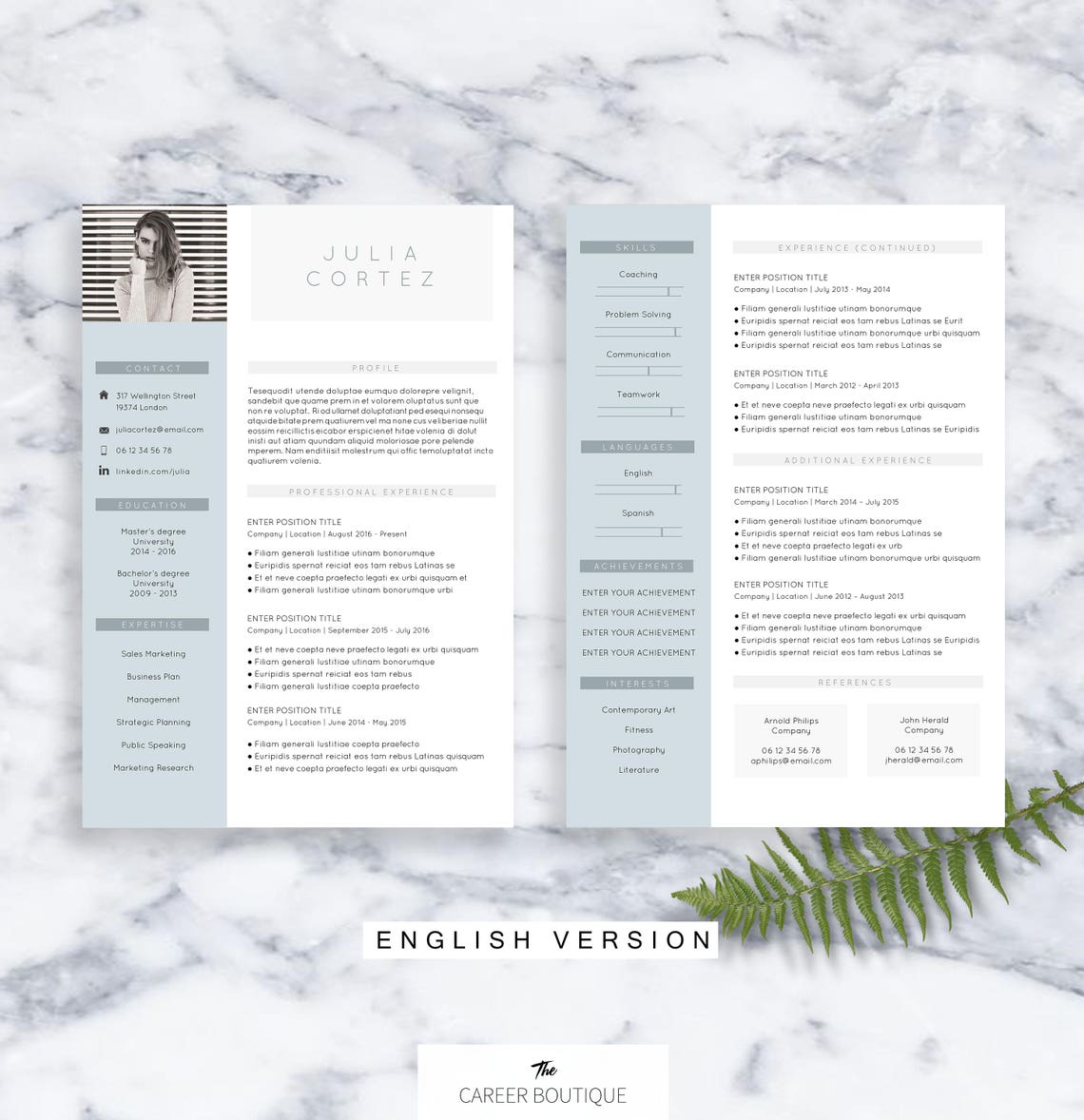 CV Template Julia Resume Format Cover Letter in English and French ...