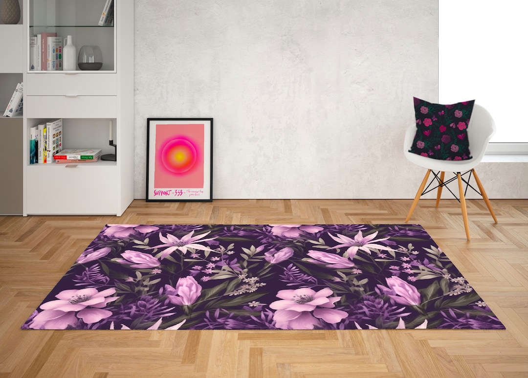 Purple Rug for Bedroom Aesthetic Dark Academia Rug Unique Dark Floral ...
