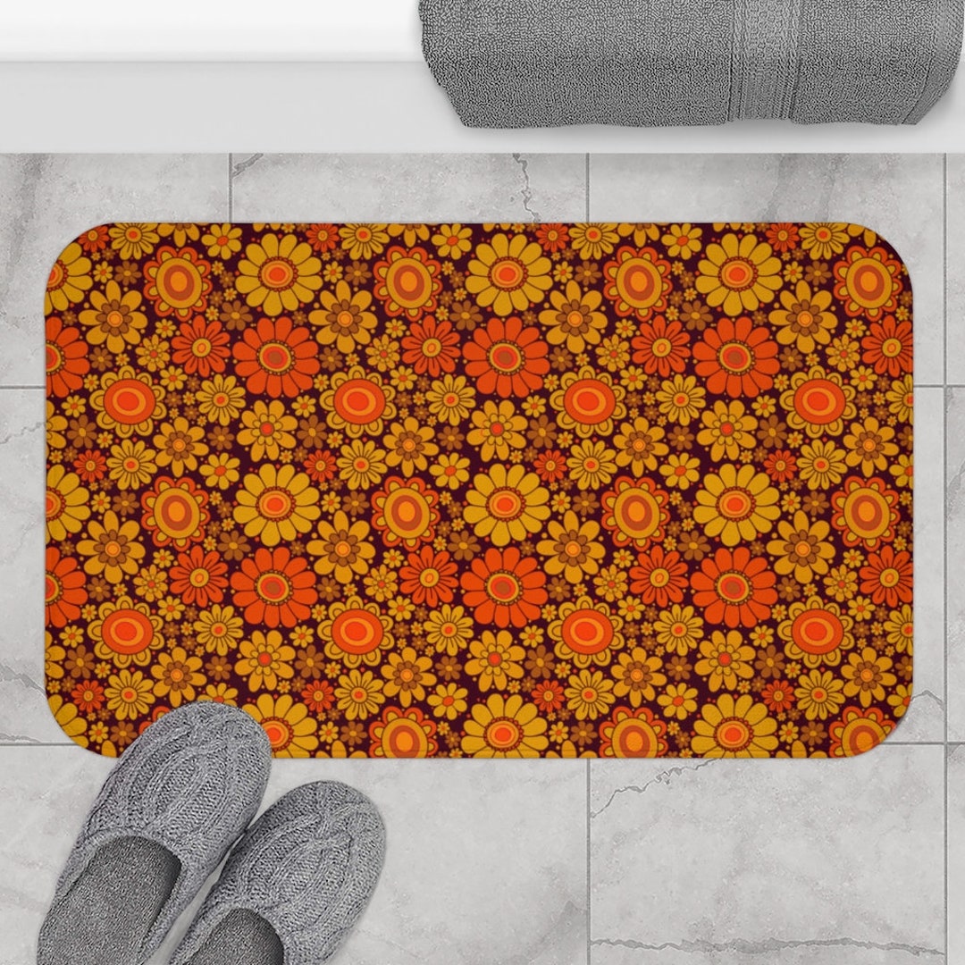 70s Bath Mat Funky Bathroom Decor Boho Bath Mat Groovy Flowers Retro ...