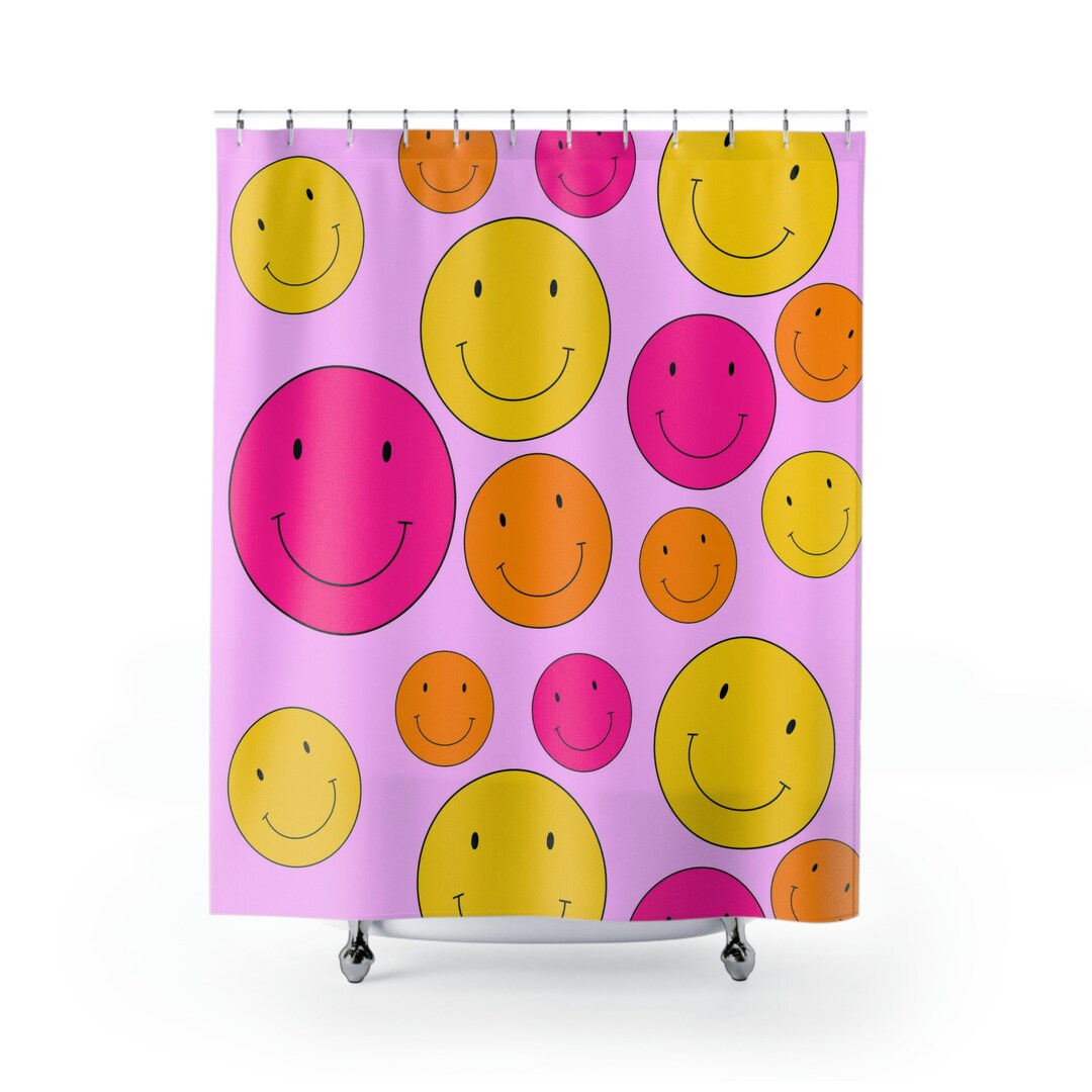 Smiley Faces Shower Curtain Pink Bathroom Decor Boho Shower Curtain ...
