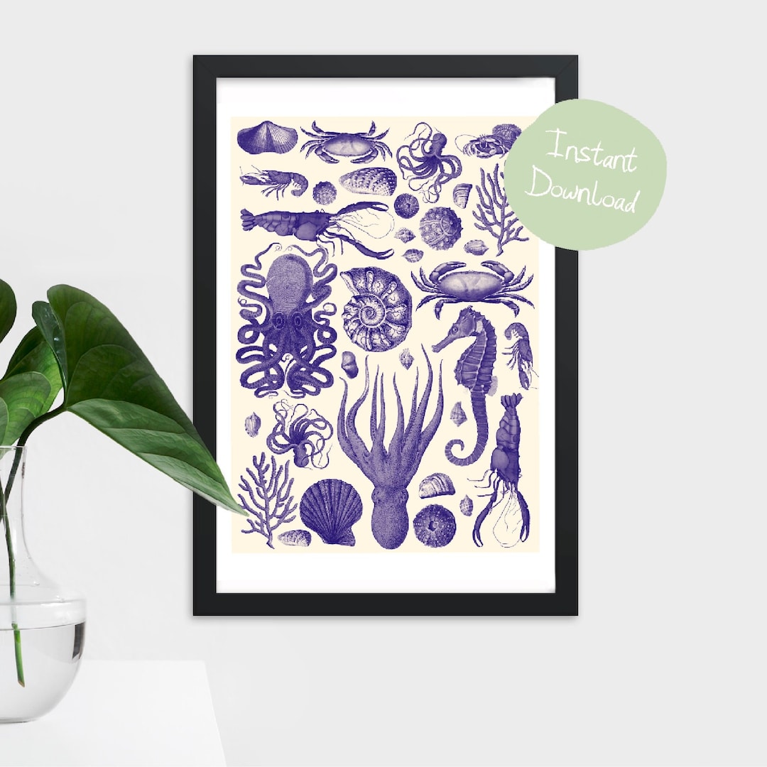 Posters Aesthetic Blue Crustacean Print Seafood Downloadable Art Prints ...
