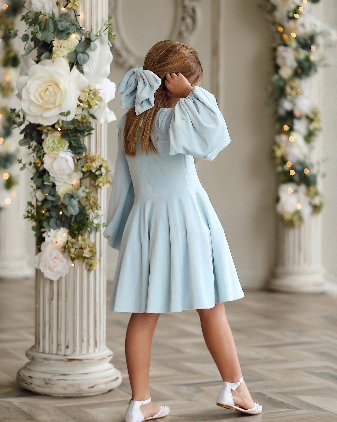 Wide Sleeves Velvet Girls Dress With Pearls Decoration for Holidays ...