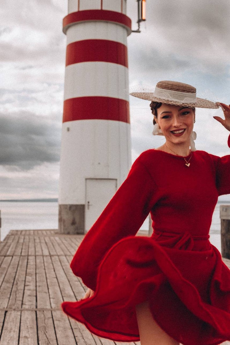 Red Festive Mohair Christmas Dress – Elegant Knitted A-line Dress for ...