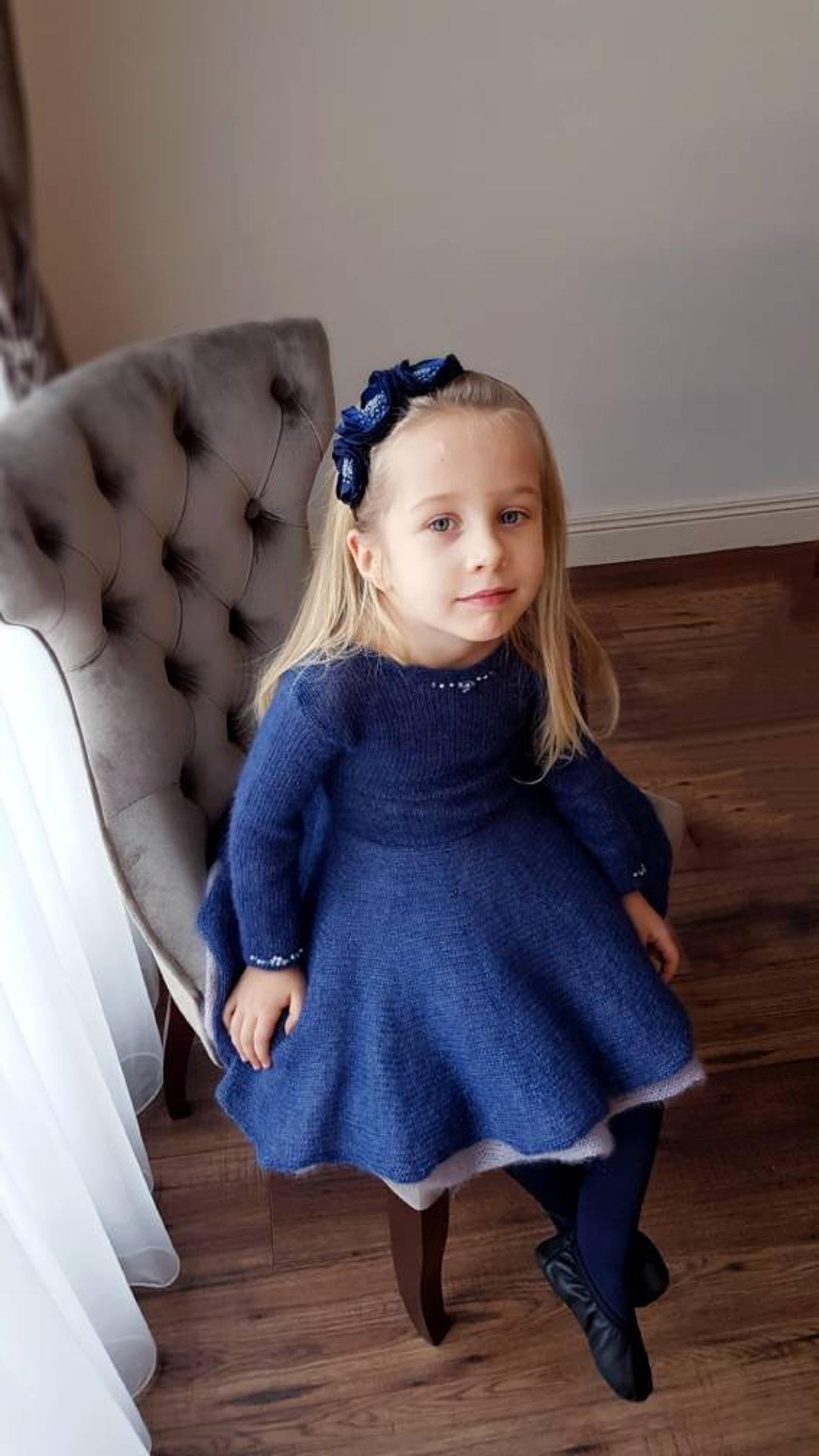 Navy Blue Girls Dress With Beads, Little Girl Dresses, Vintage Style ...