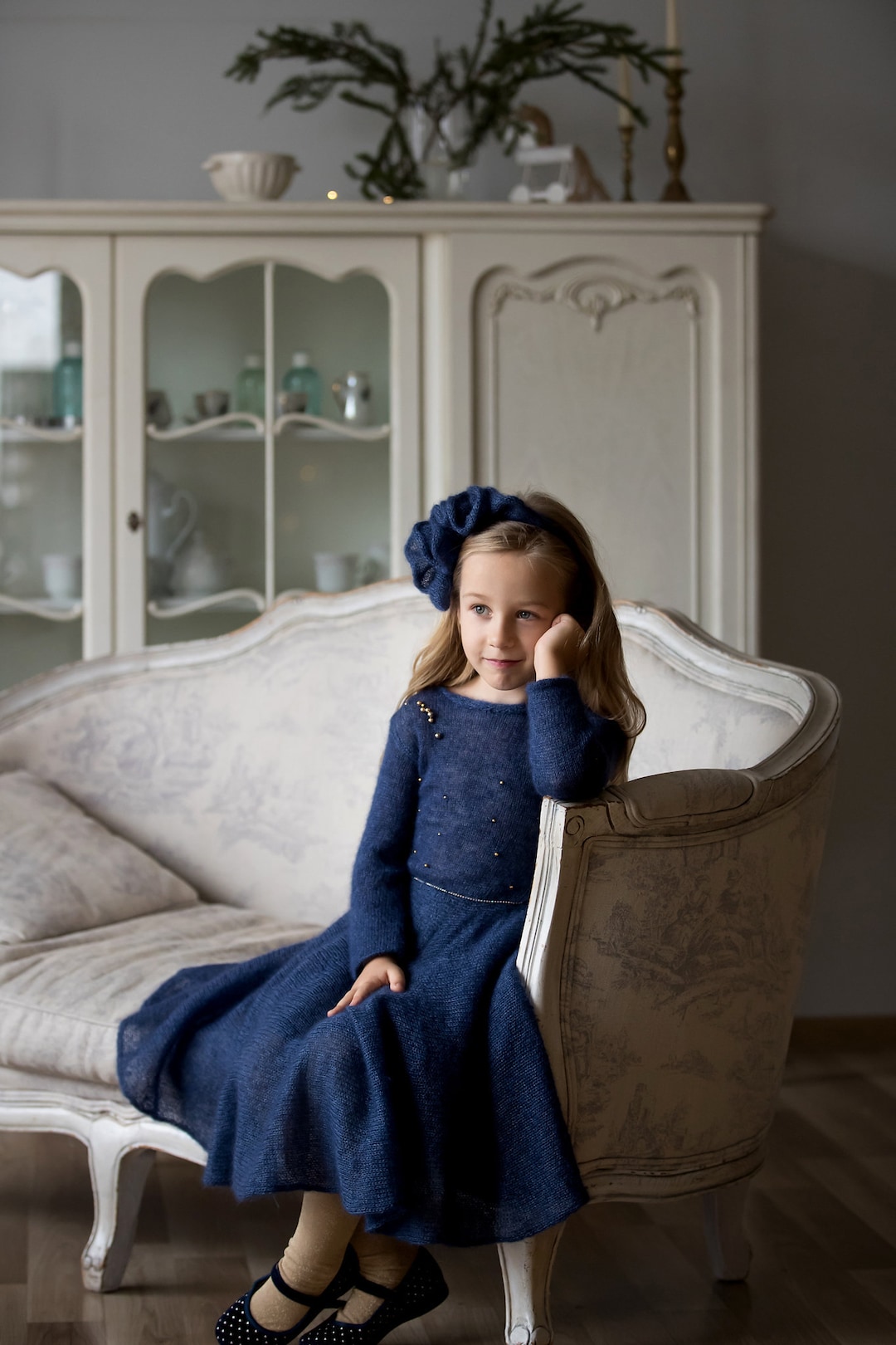 Navy Blue Girl Dress With Beads, Little Girl Dresses, Vintage Style ...