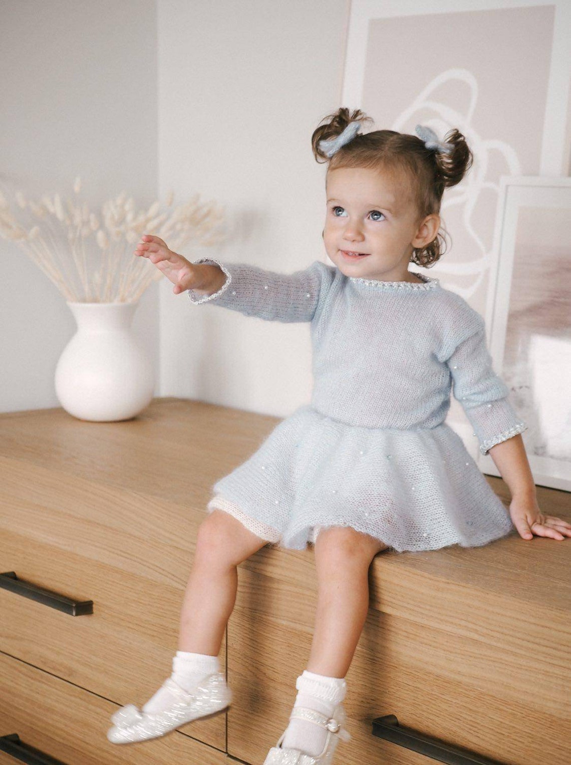 Light blue baby girl dress with beads on sleeves and skirt | Etsy