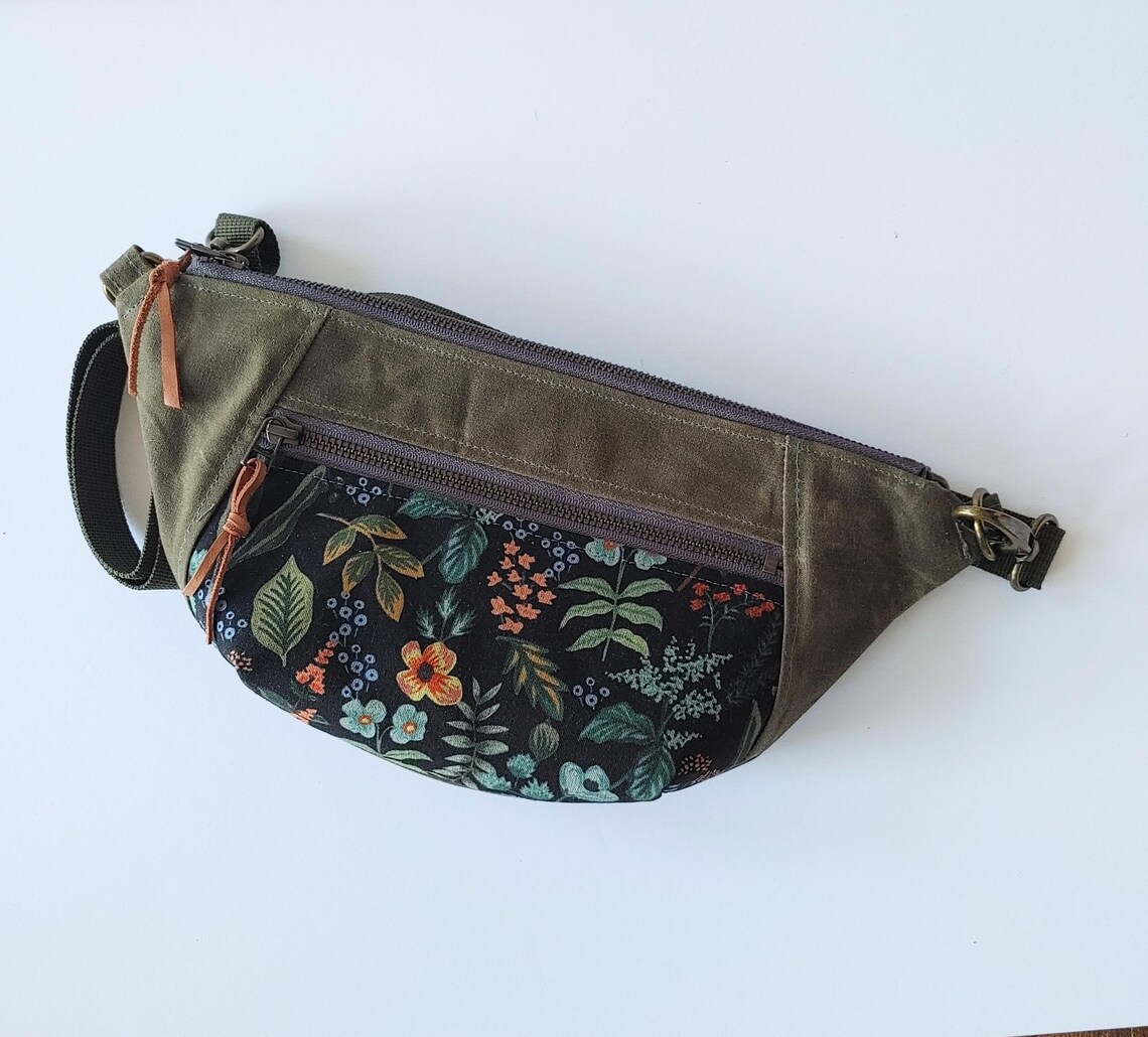 Olive Waxed Canvas and Rifle Paper Co Herb Garden Fanny Pack: Handmade ...