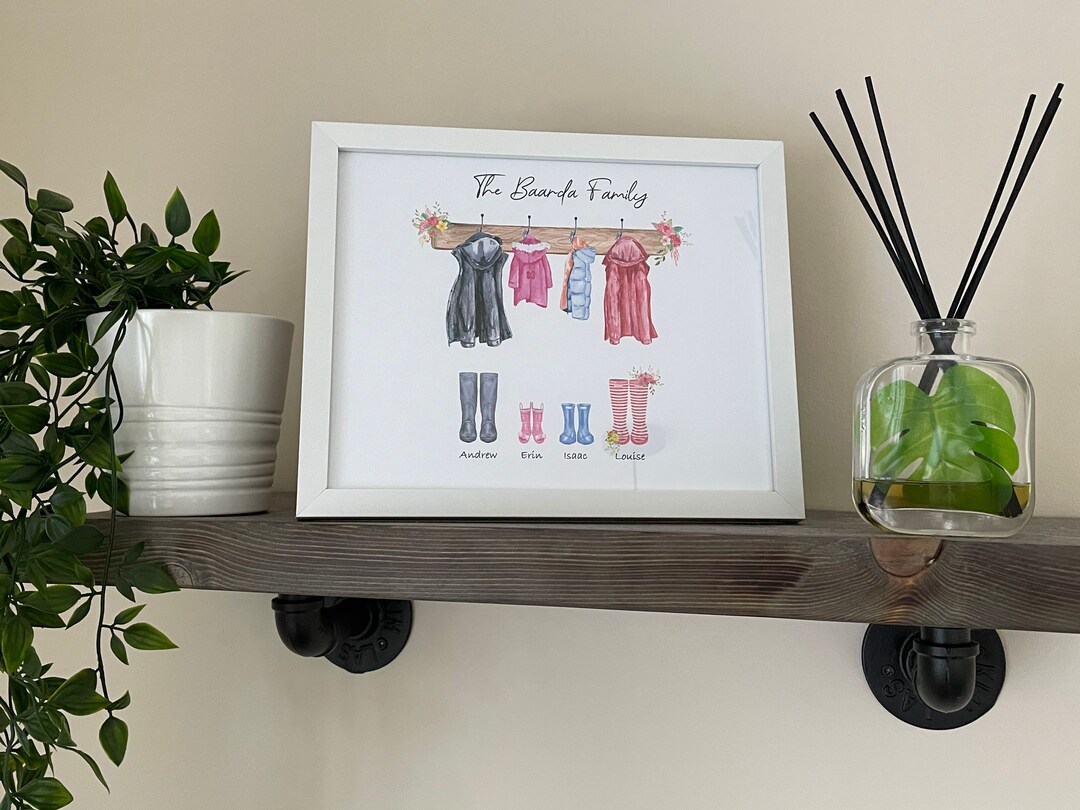 Personalised Family Coat and Welly Print, Coat Hooks, Welly Boots, Gift ...