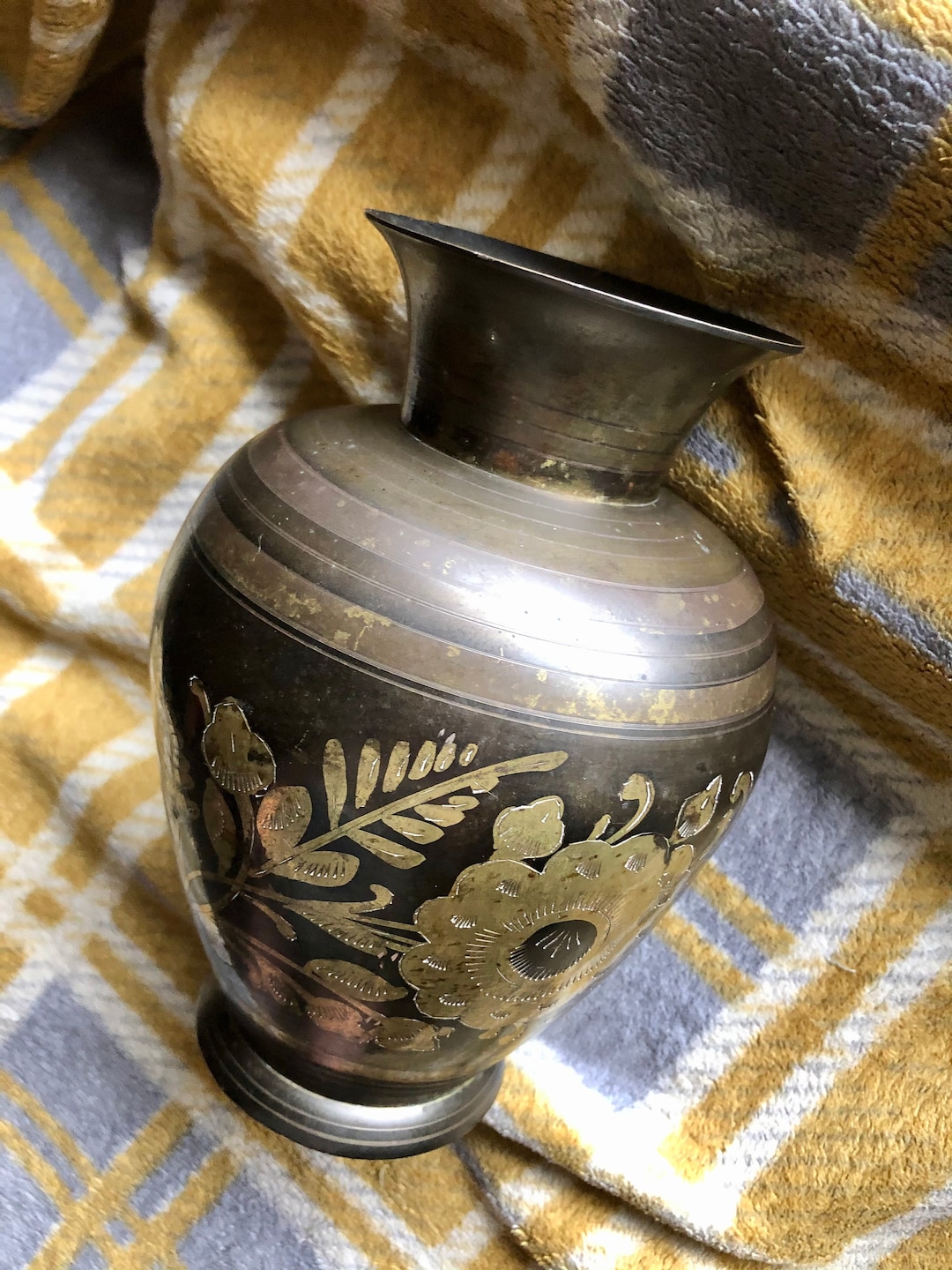 Solid Brass Vase Made in India / Floral Inlaid Brass Tones / Bohemian ...