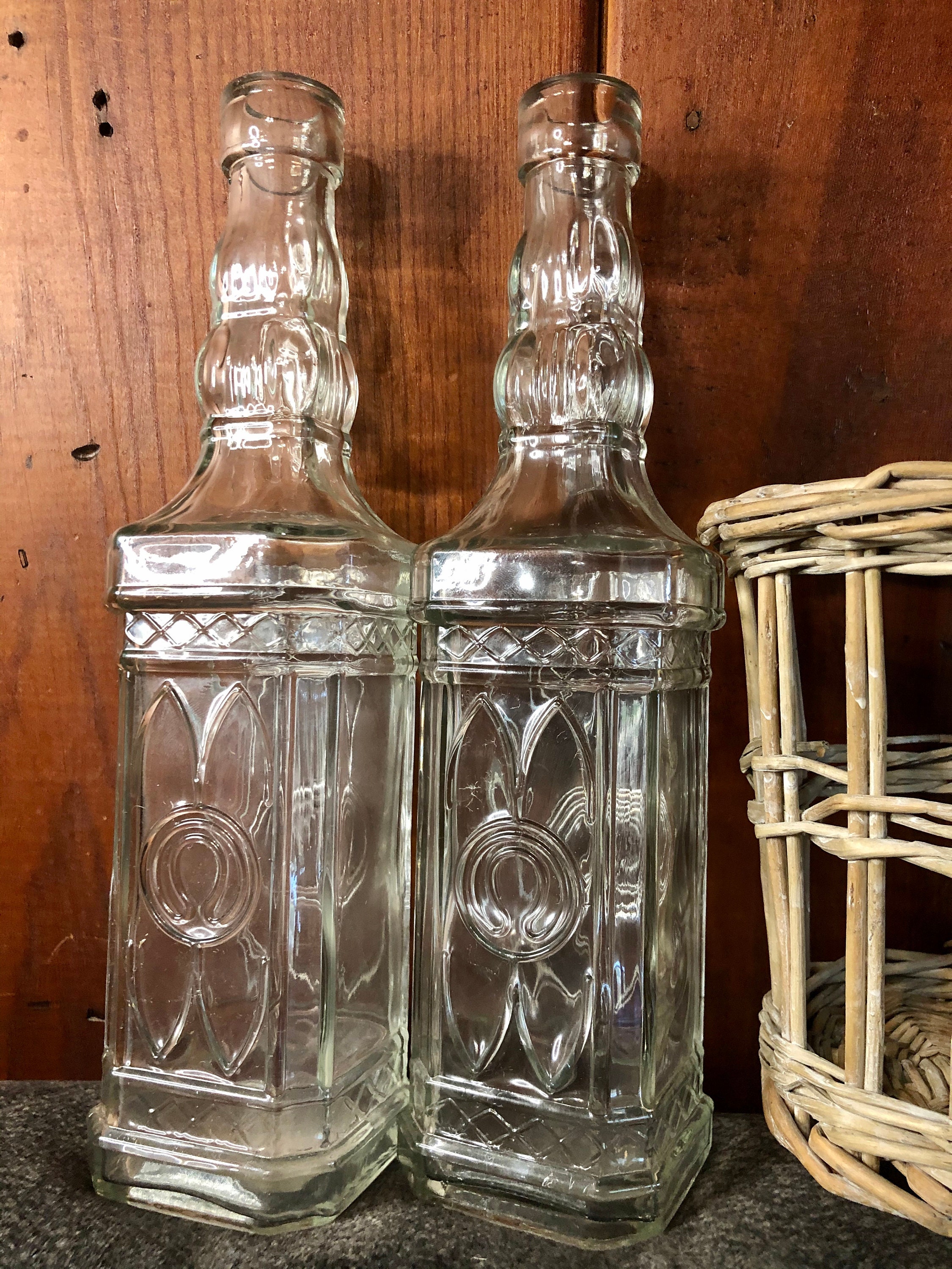 Vintage Double Glass Bottle Set in Wicker Holder / Eclectic Boho ...