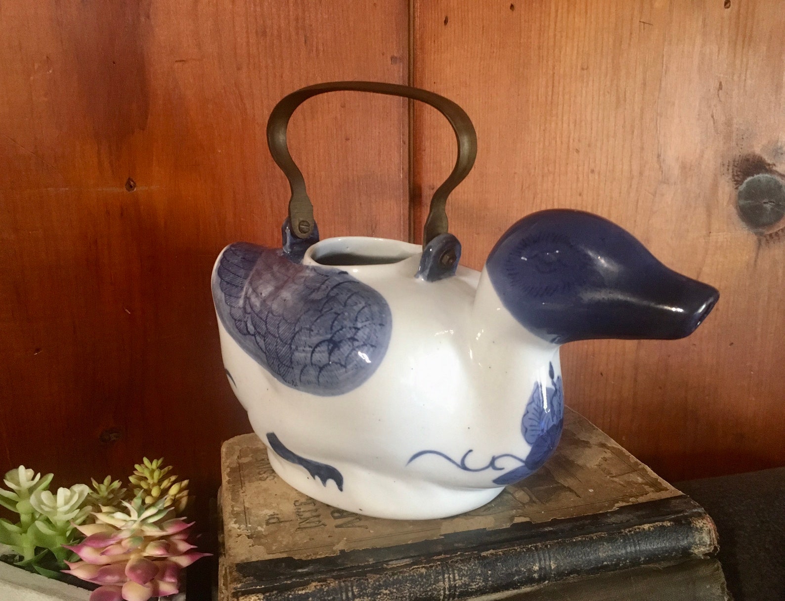 Vintage Ceramic Duck Teapot With Metal Handle / Blue White Hand Painted ...