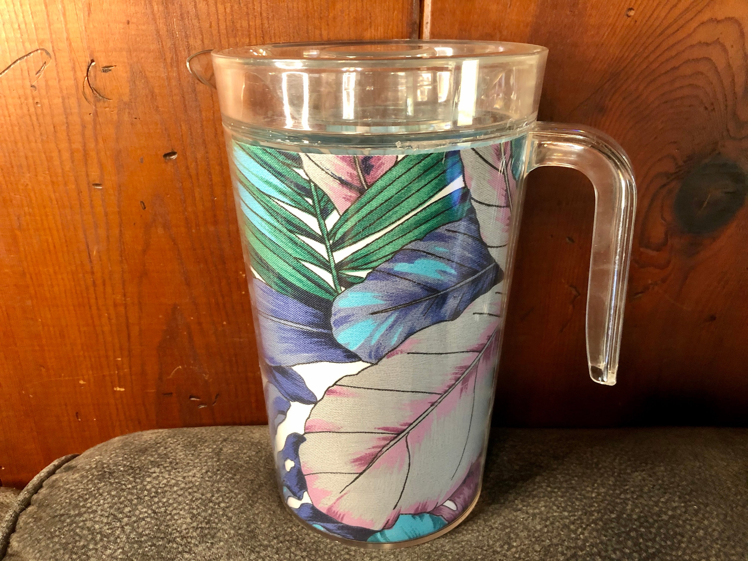 90's Tropical Pitcher With Lid / Floral Natural Palm Tree - Etsy