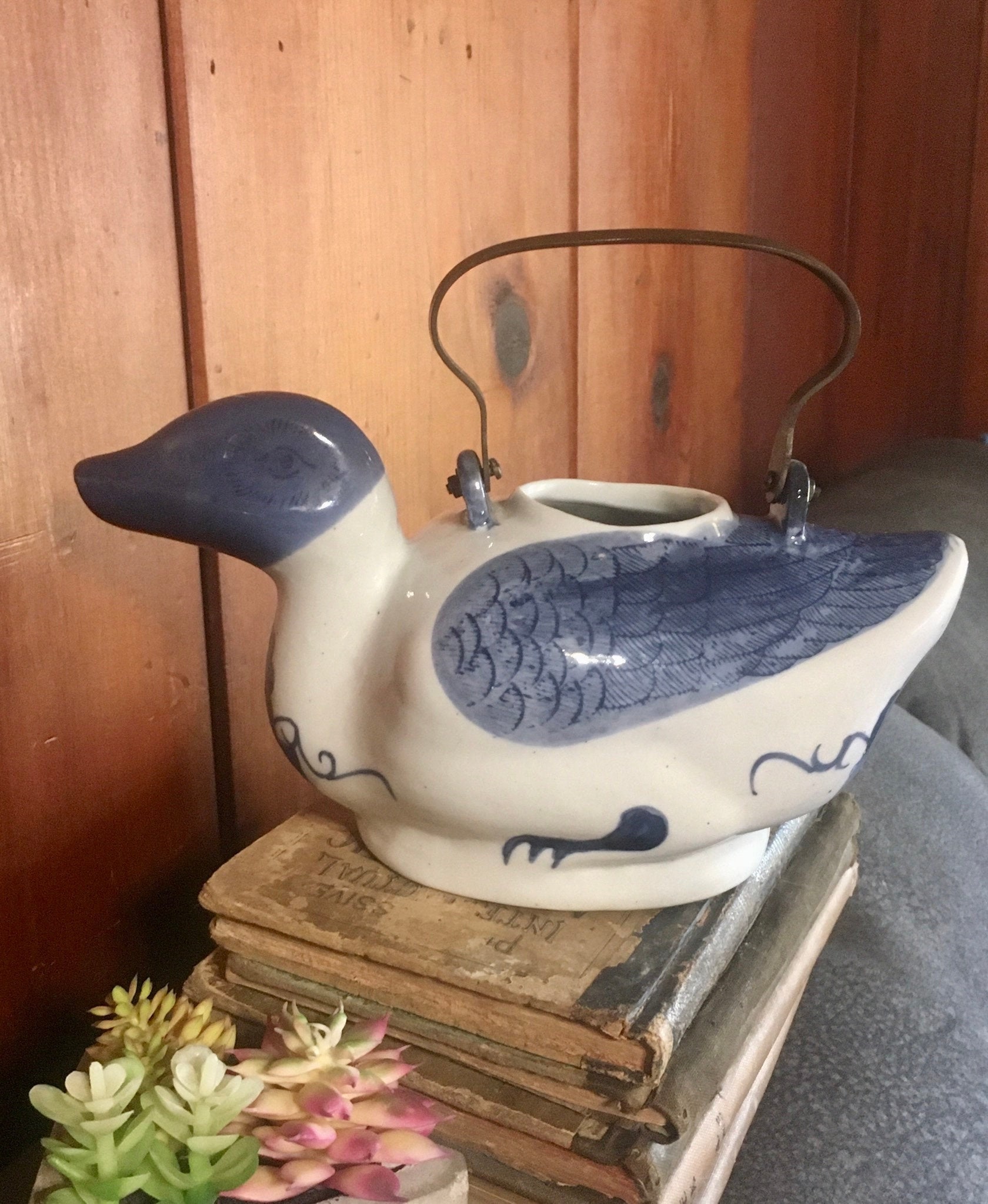 Vintage Ceramic Duck Teapot With Metal Handle / Blue White Hand Painted ...
