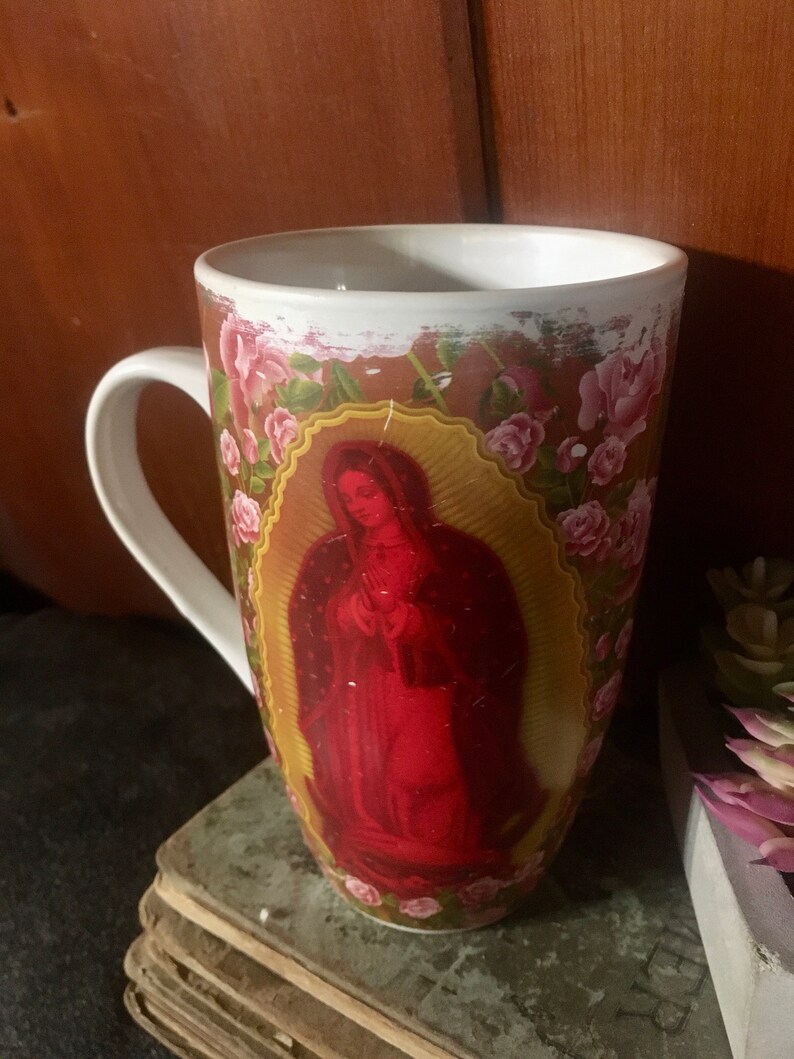 Vintage Floral Virgin Mary Mug / Blessed Mother Queen of Guadalupe With ...