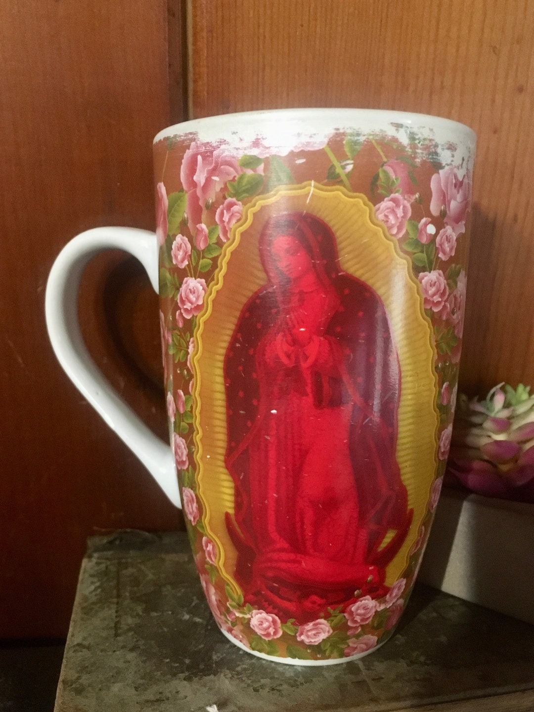 Vintage Floral Virgin Mary Mug / Blessed Mother Queen of Guadalupe With ...