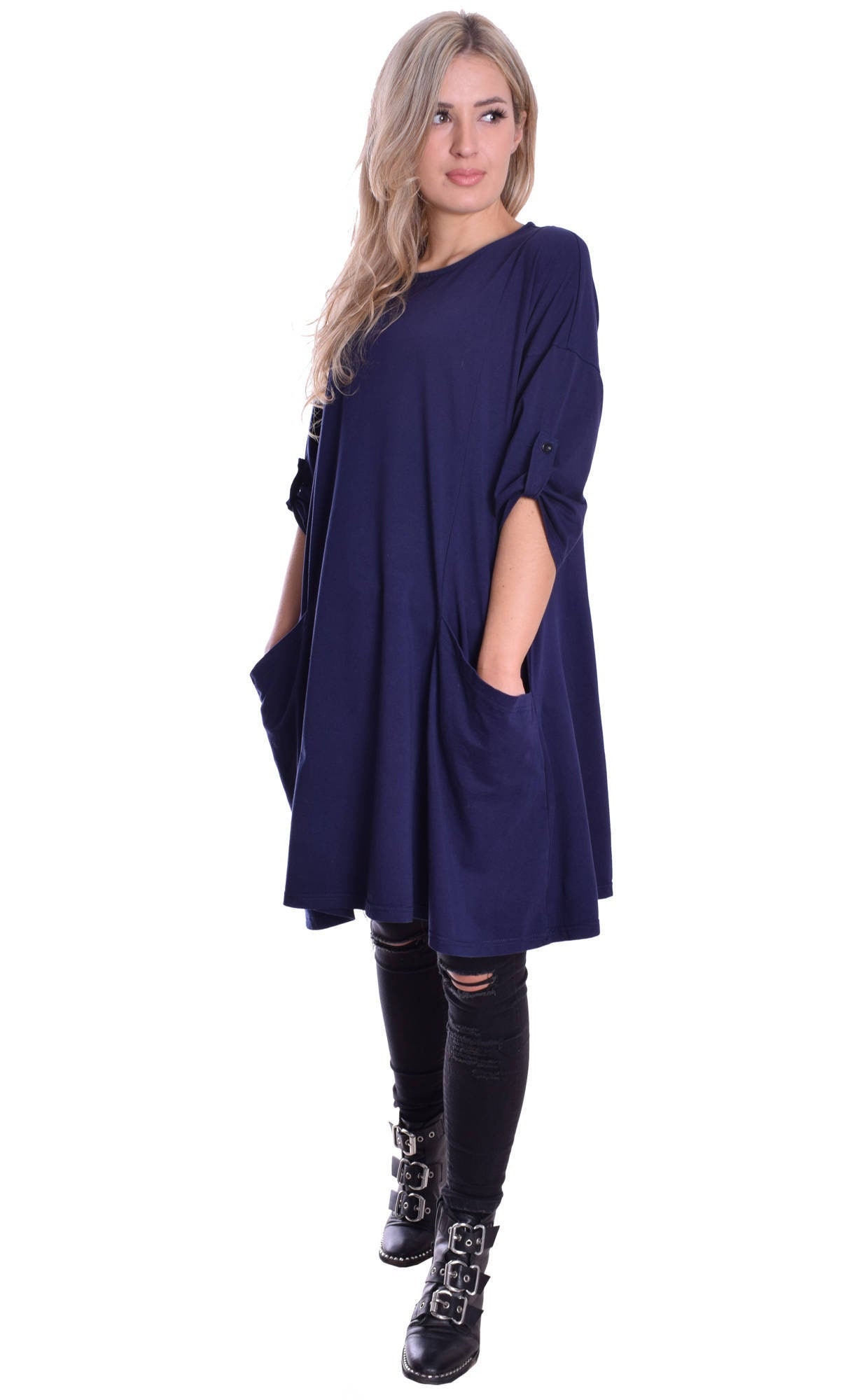 Ladies Tunic Dress With Pockets Pull up Sleeve Navy Blue Loose - Etsy UK